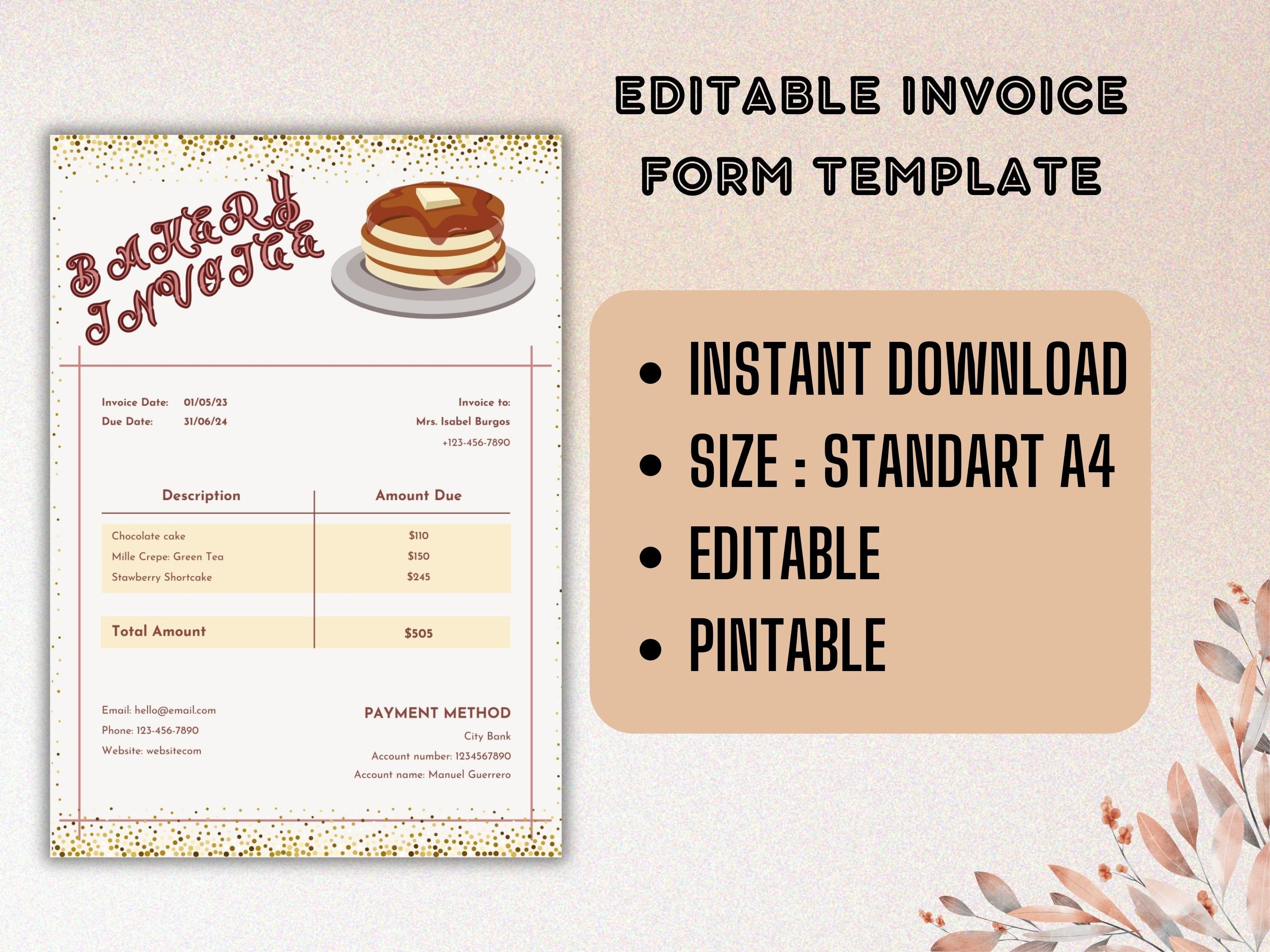 Bakery Invoice Cake Invoice Template Editable Custom Order Form ...