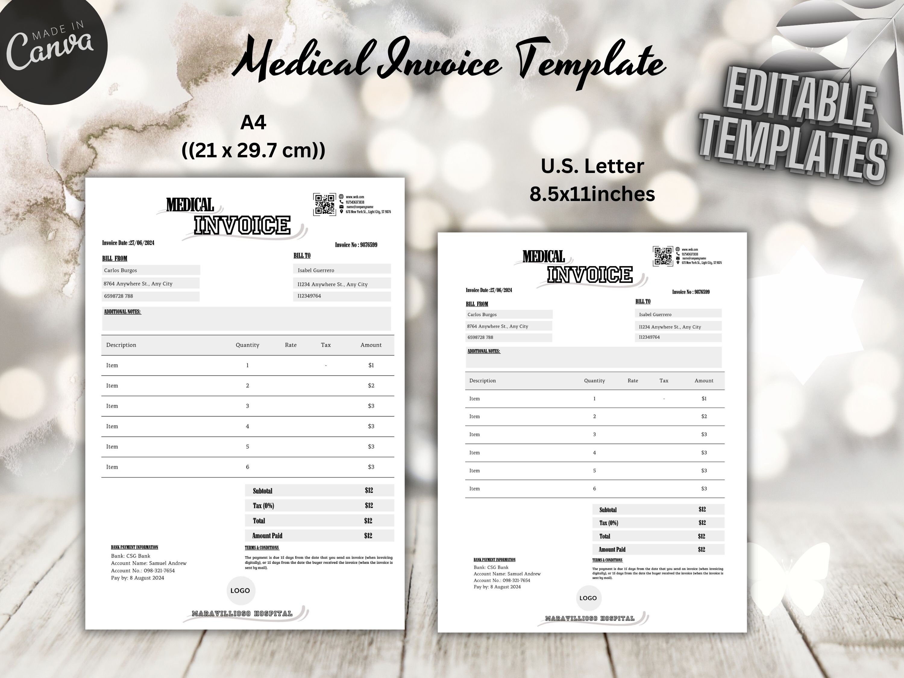Editable Medical Invoice Template Minimalist Business Invoice Custom ...