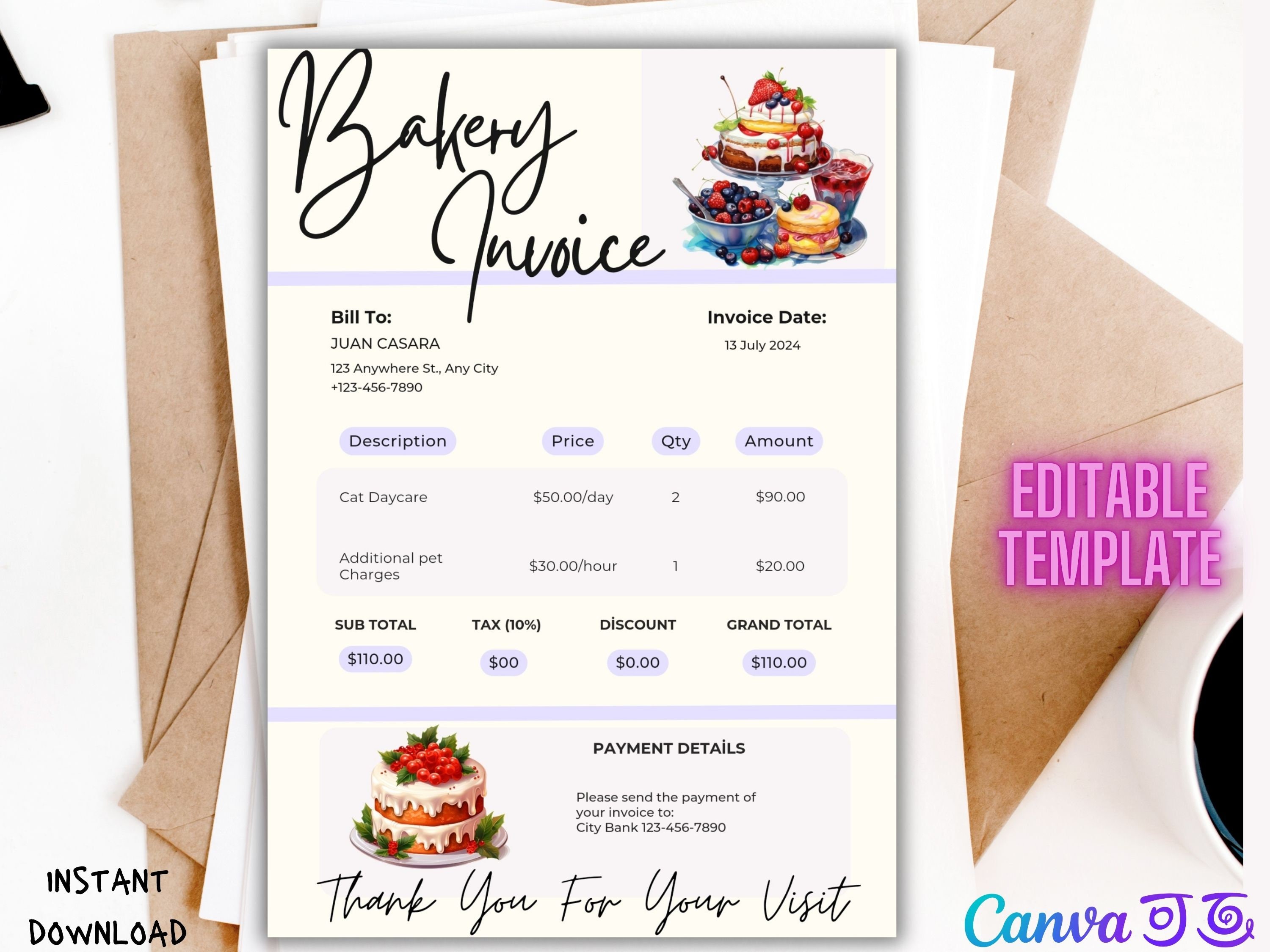 Bakery Invoice Template Receipt Template Business Template Printable ...