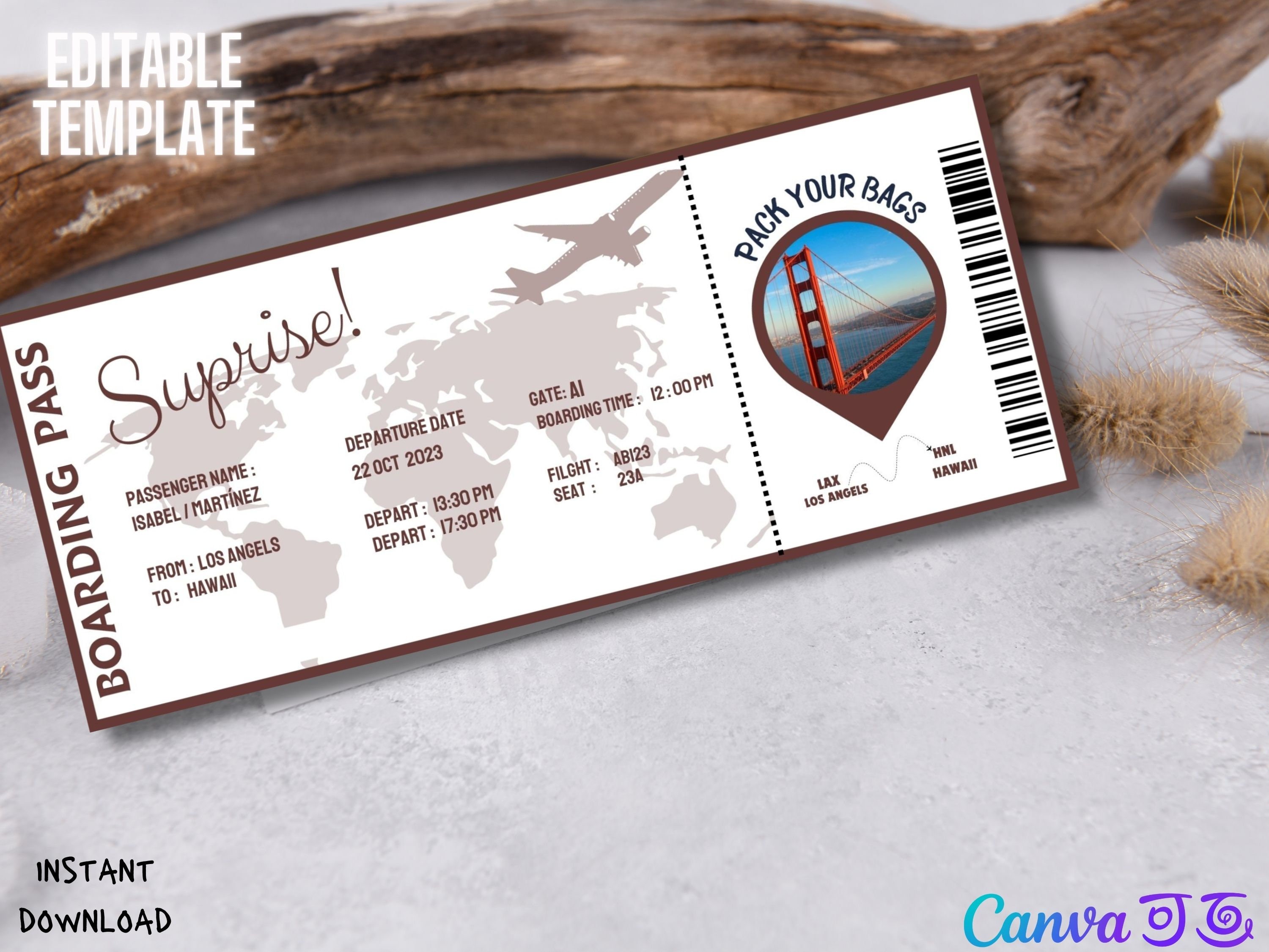 Editable Boarding Pass Template Printable Personalized Airline Ticket ...