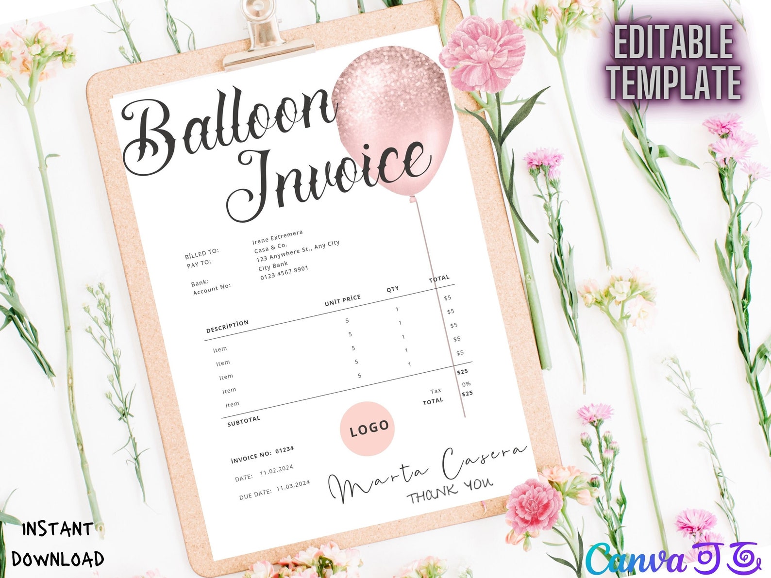 Balloon Invoice Template Receipt Template Business Template Printable ...