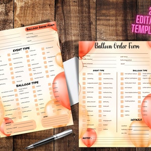 Editable Balloon Order Form Party Balloons Order Sheet Balloon Garland ...