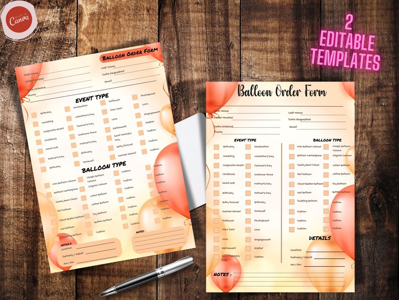 Editable Balloon Order Form Party Balloons Order Sheet Balloon Garland ...