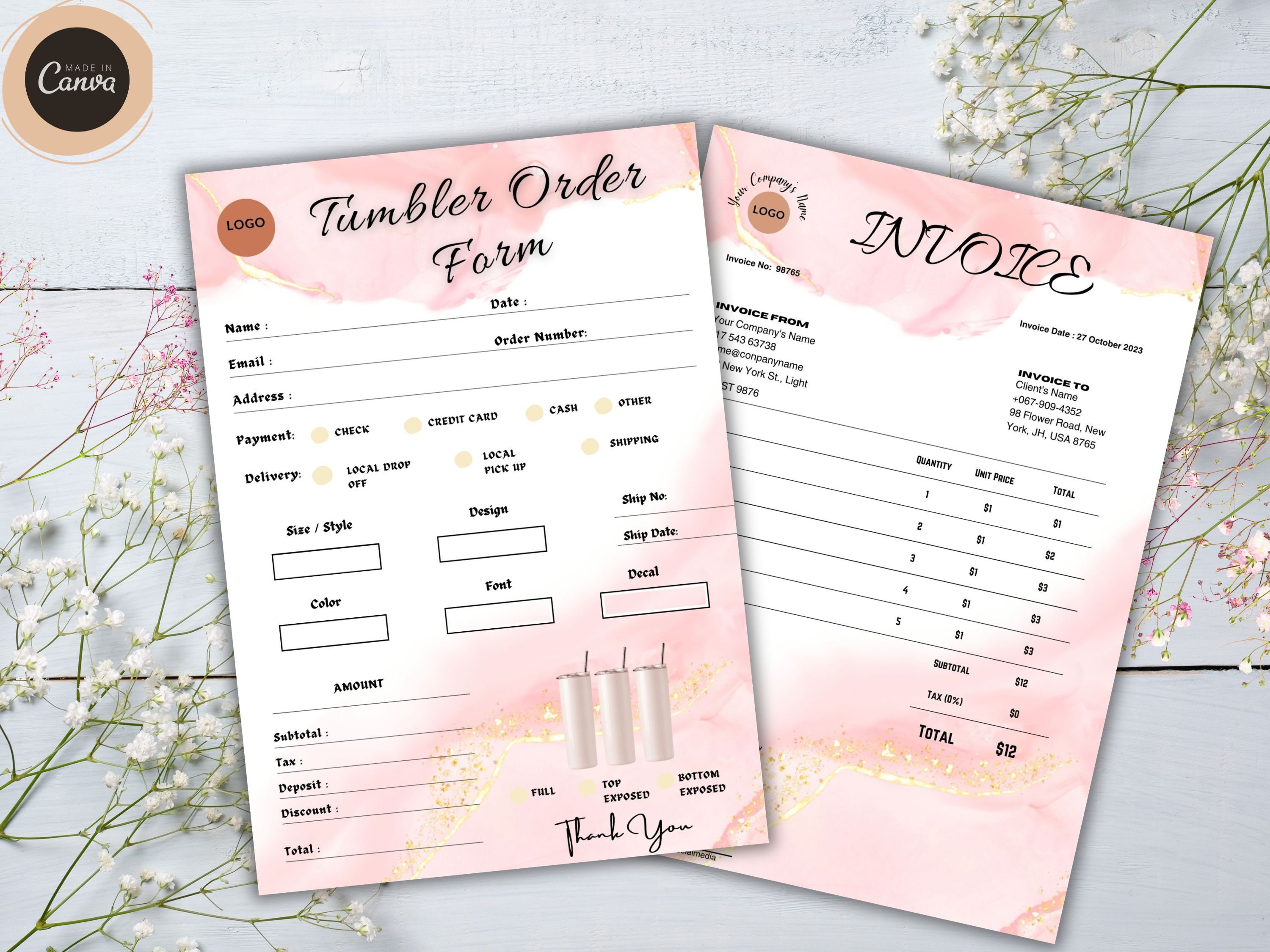 Tumbler Order Form Tumbler Invoice Cup Order Form Sublimation Tumbler ...