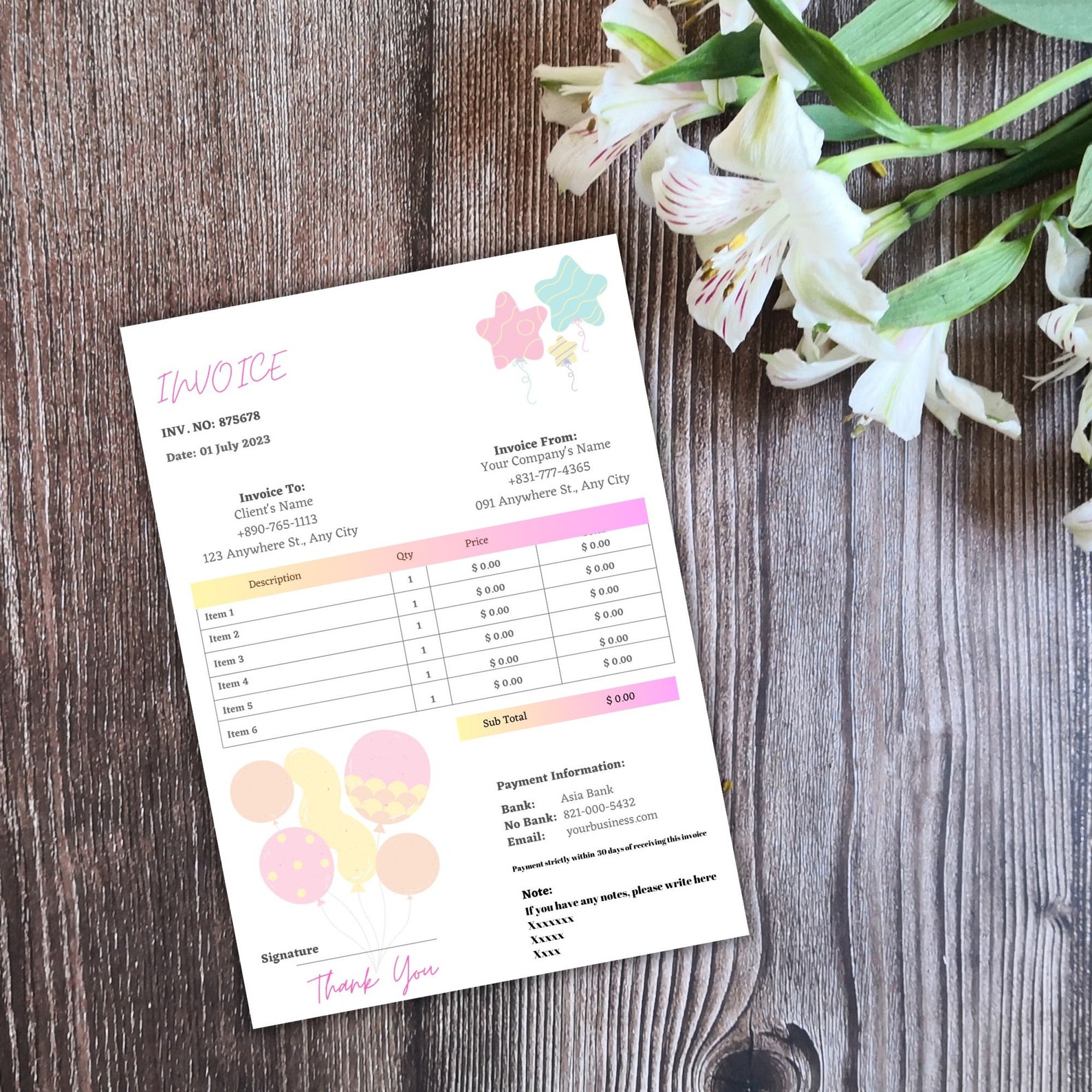 Balloon Invoice Template Receipt Template Business Template Printable ...