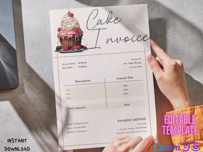 Editable Cake Invoice Template Cake Form Printable Bakery Invoice Small Business Forms ...