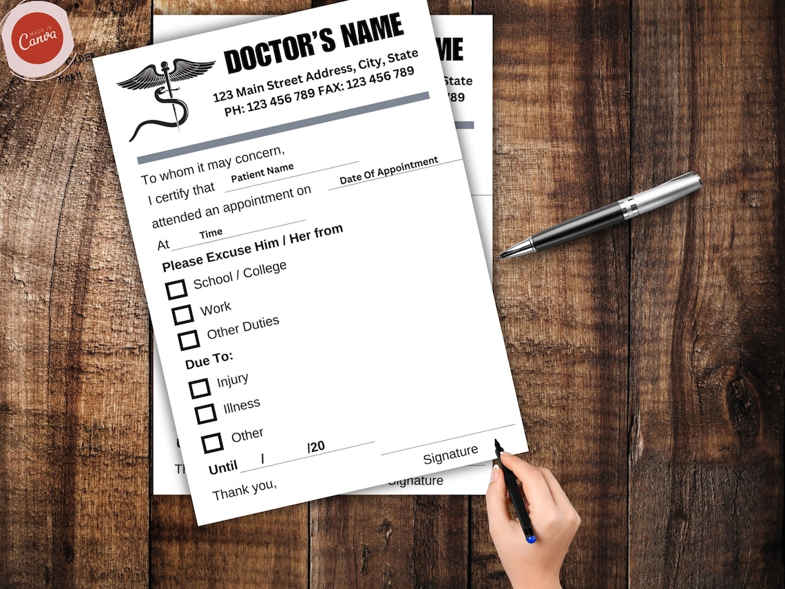 Editable Doctor Excuse Note for Work Doctor Excuse Letter Form Doctor's ...
