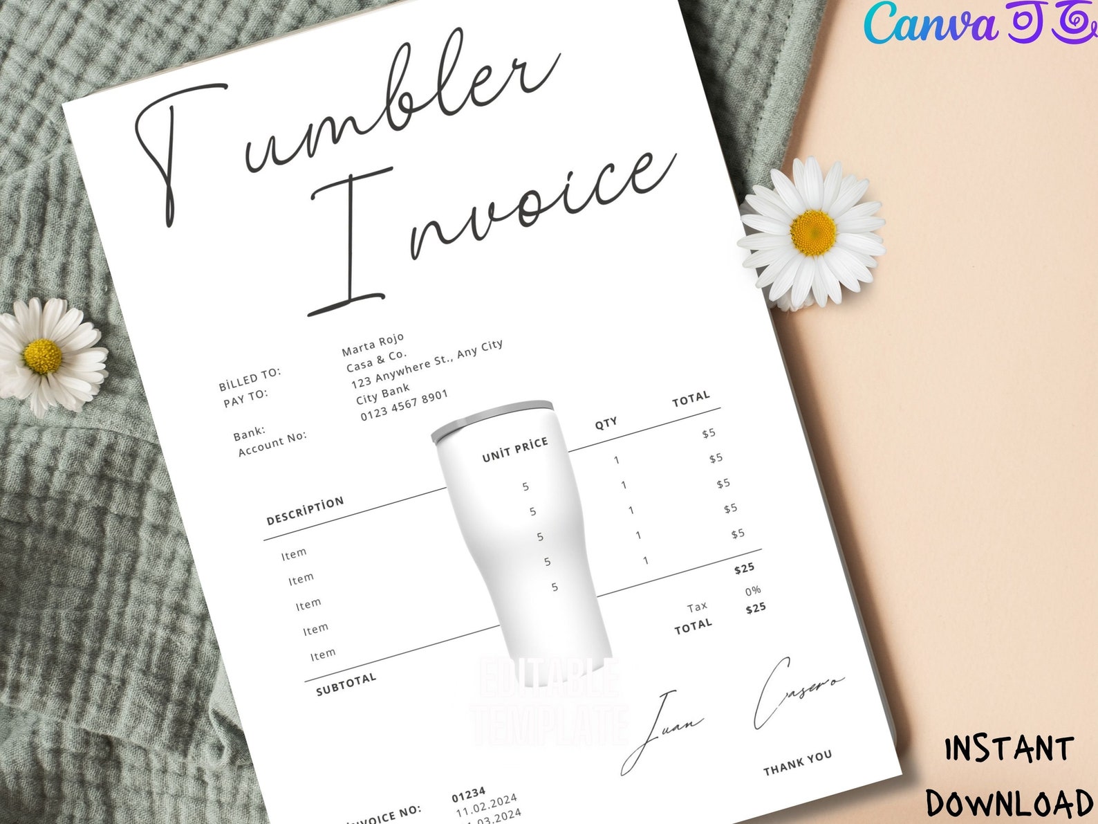 Printable Tumbler Invoice Template Editable Cup Invoice Sublimation ...