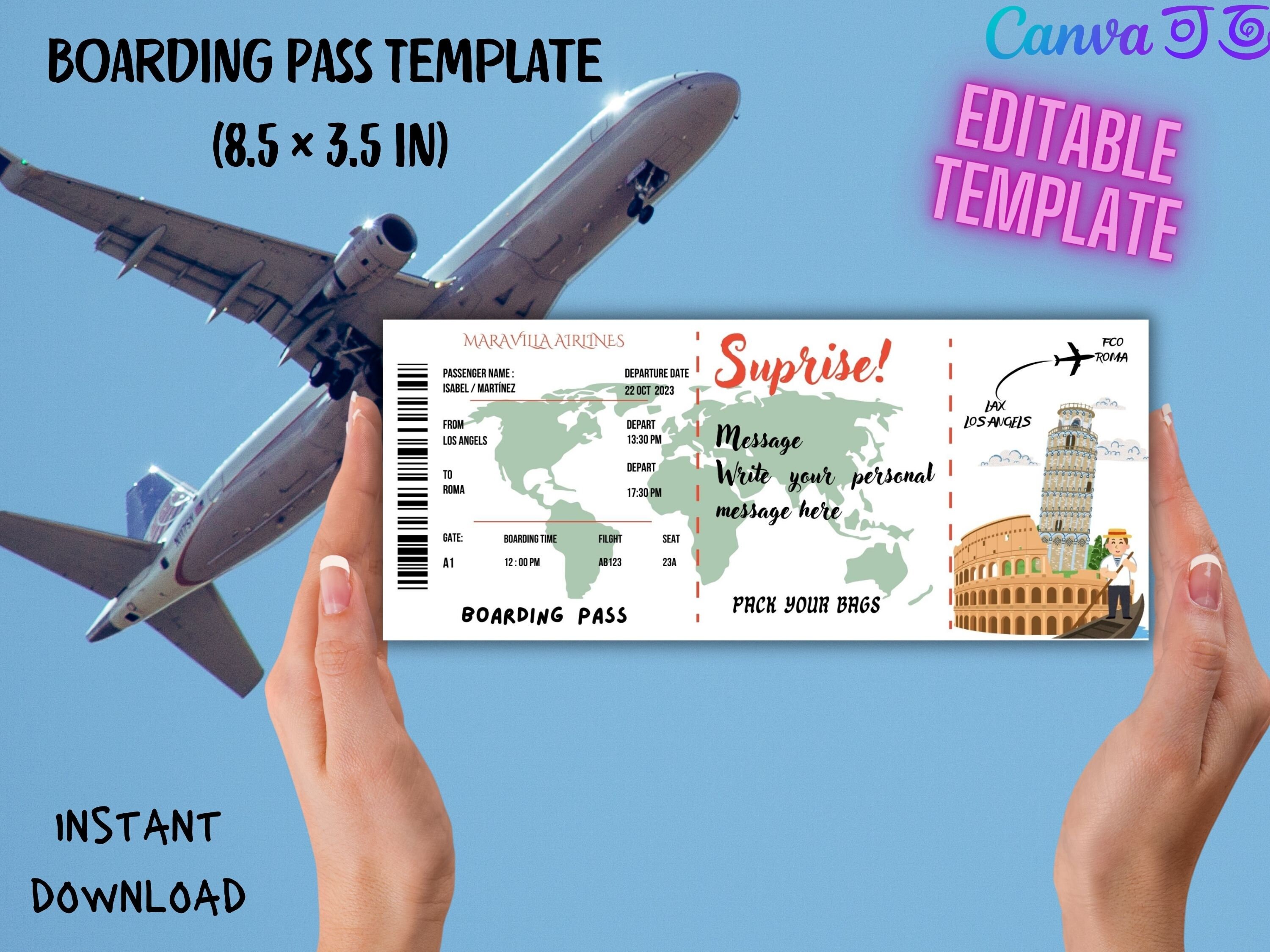 Editable Boarding Pass Template Canva Boarding Pass Surprise Trip ...