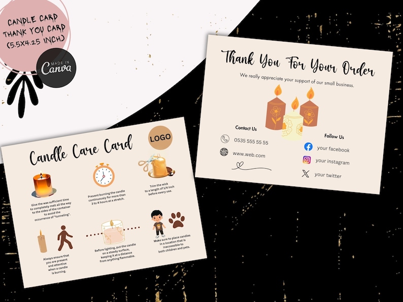 Printable Candle Instructions Candle Care Card Candle Thank You Card ...
