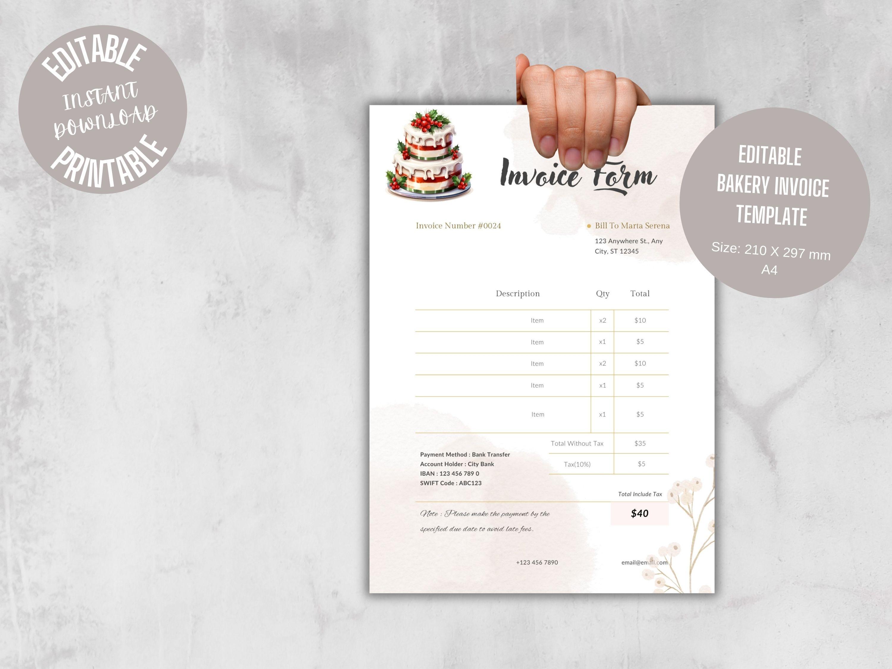 BAKERY INVOICE TEMPLATE, Editable Invoice Template for Small Business ...