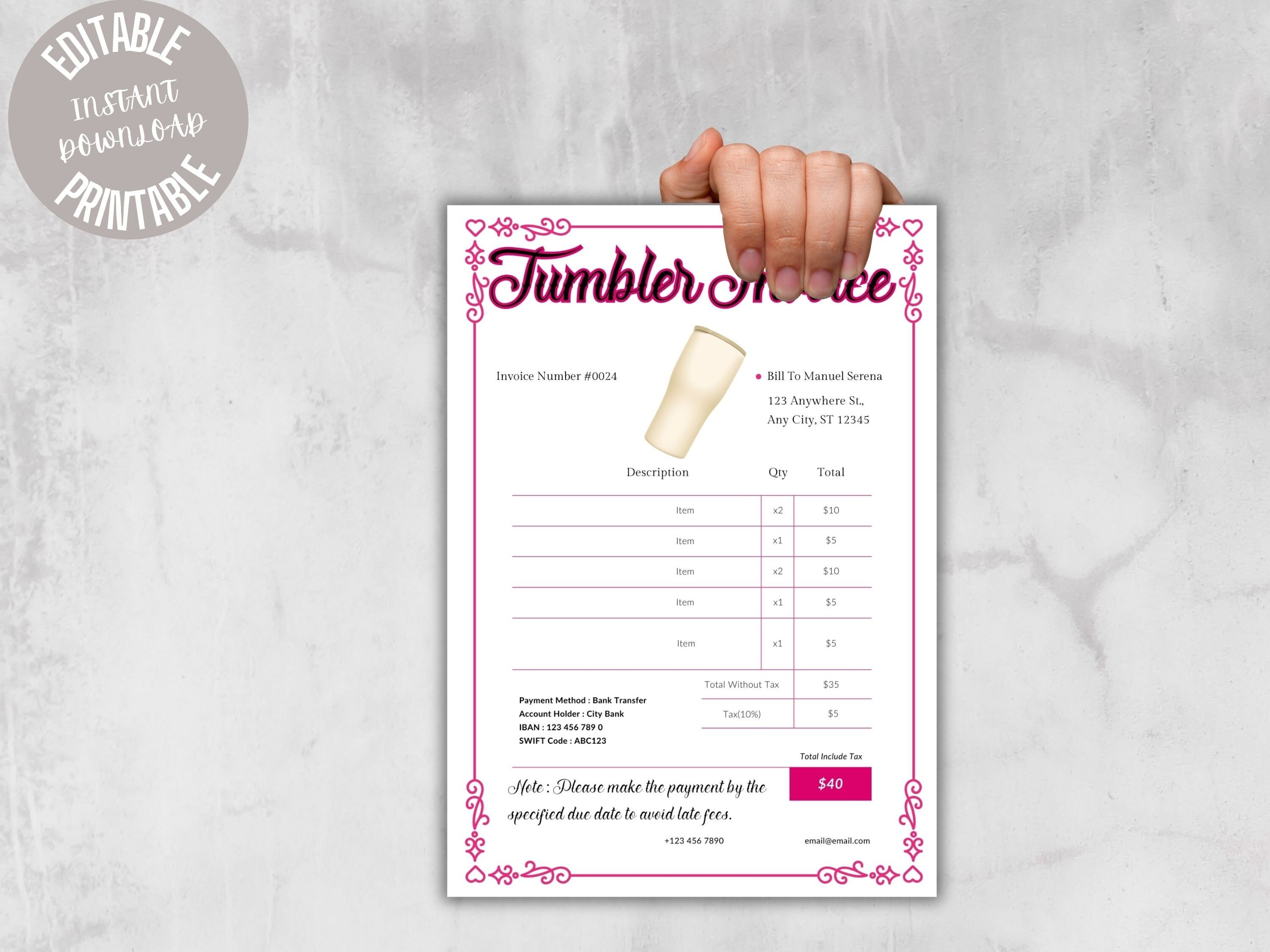 Editable Tumbler Invoice Template Editable Cup Invoice Sublimation ...