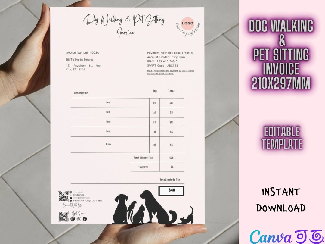 Dog Shop Invoice Editable Template Dog Groomers Dog Walkers Printable ...