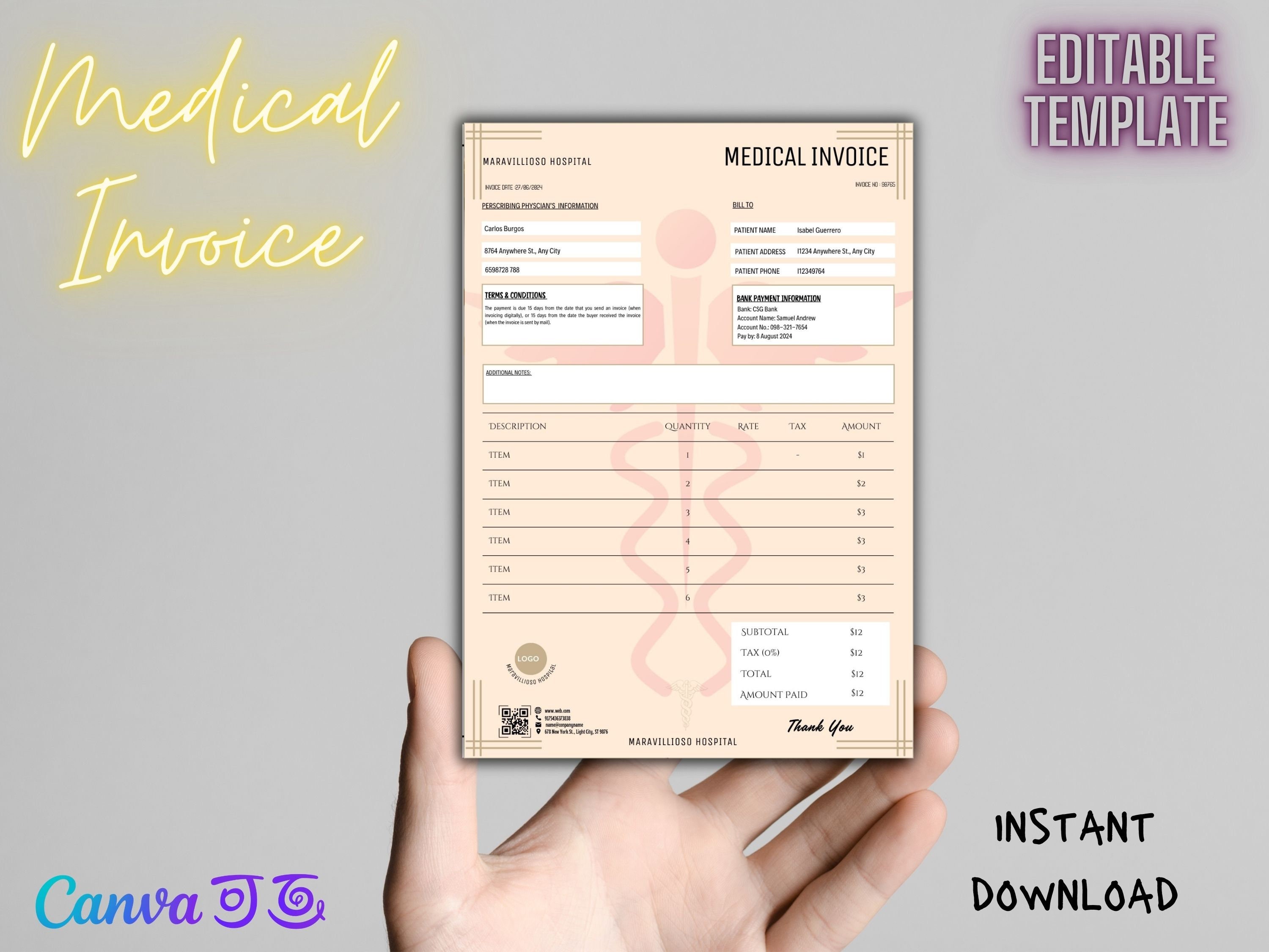 Custom Doctor's Medical Bill Receipt Invoice PDF Template Doctor's Bill ...