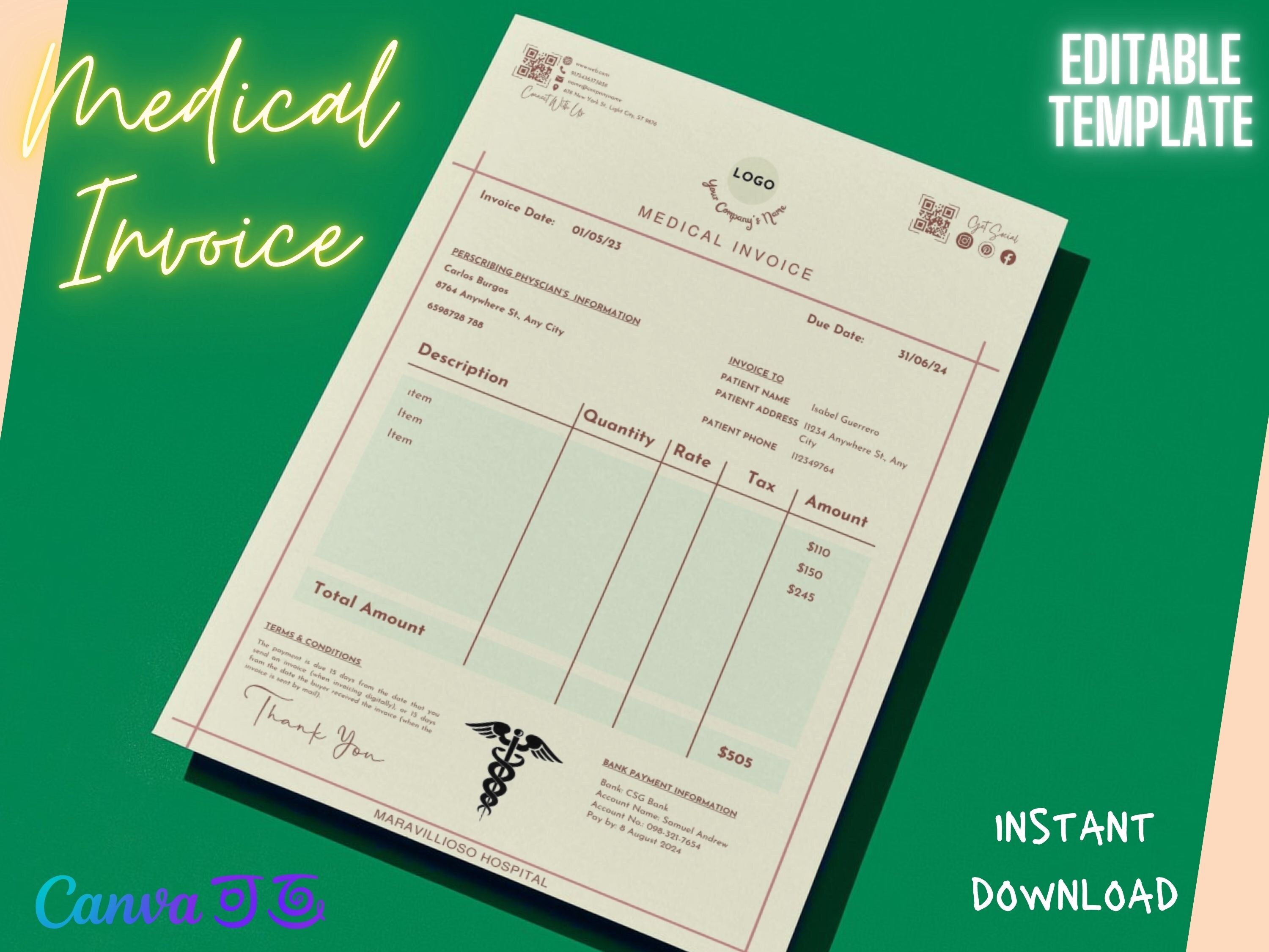 Custom Doctor's Medical Bill Receipt Medical Invoice Template Doctor's ...