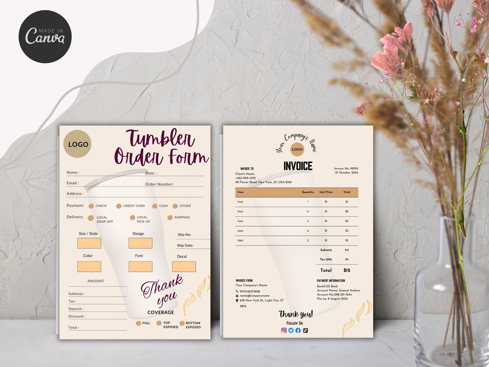 Editable Tumbler Order Formtemplate Tumbler Invoice Custom Tumbler ...