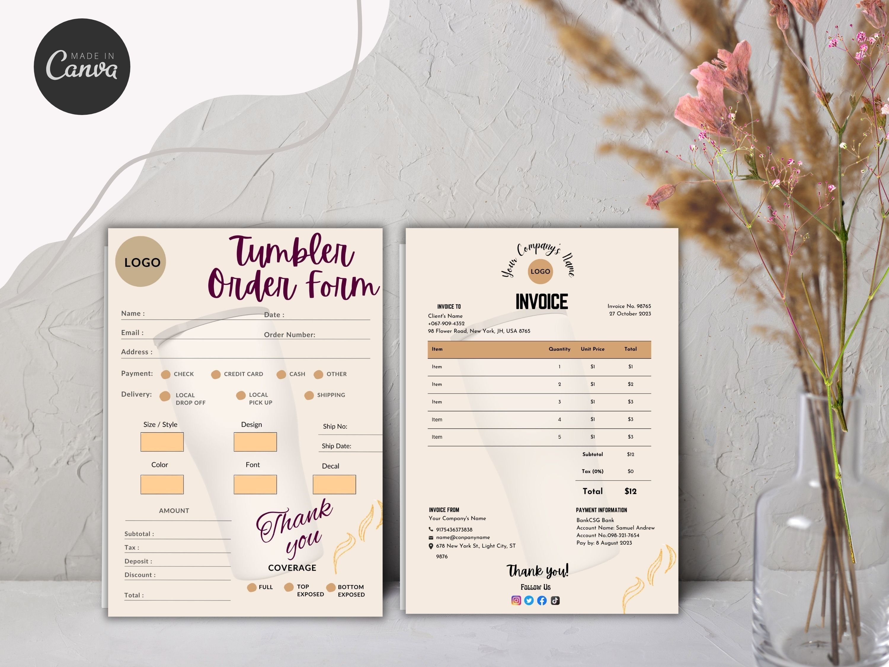 Editable Tumbler Order Formtemplate Tumbler Invoice Custom Tumbler ...