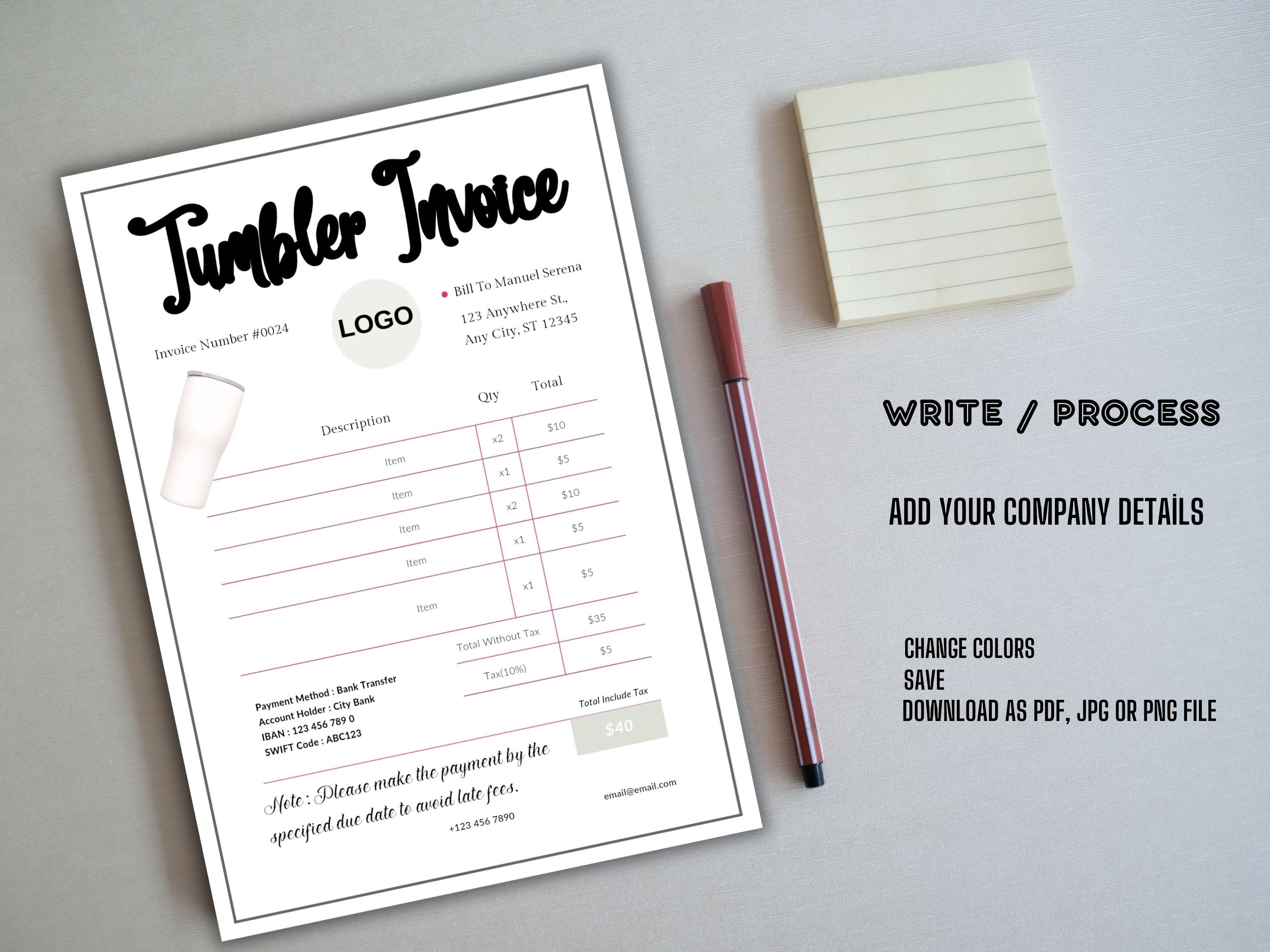 Editable Tumbler Invoice Template Custom Tumbler Form Printable Canva ...