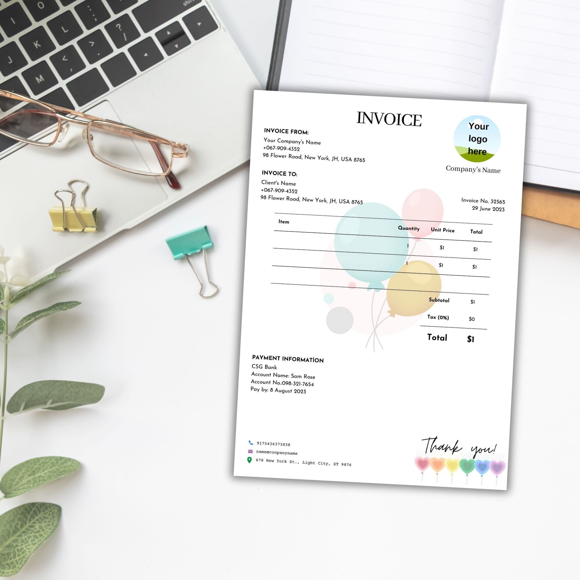 Balloon Invoice Template Receipt Template Business Template Printable ...