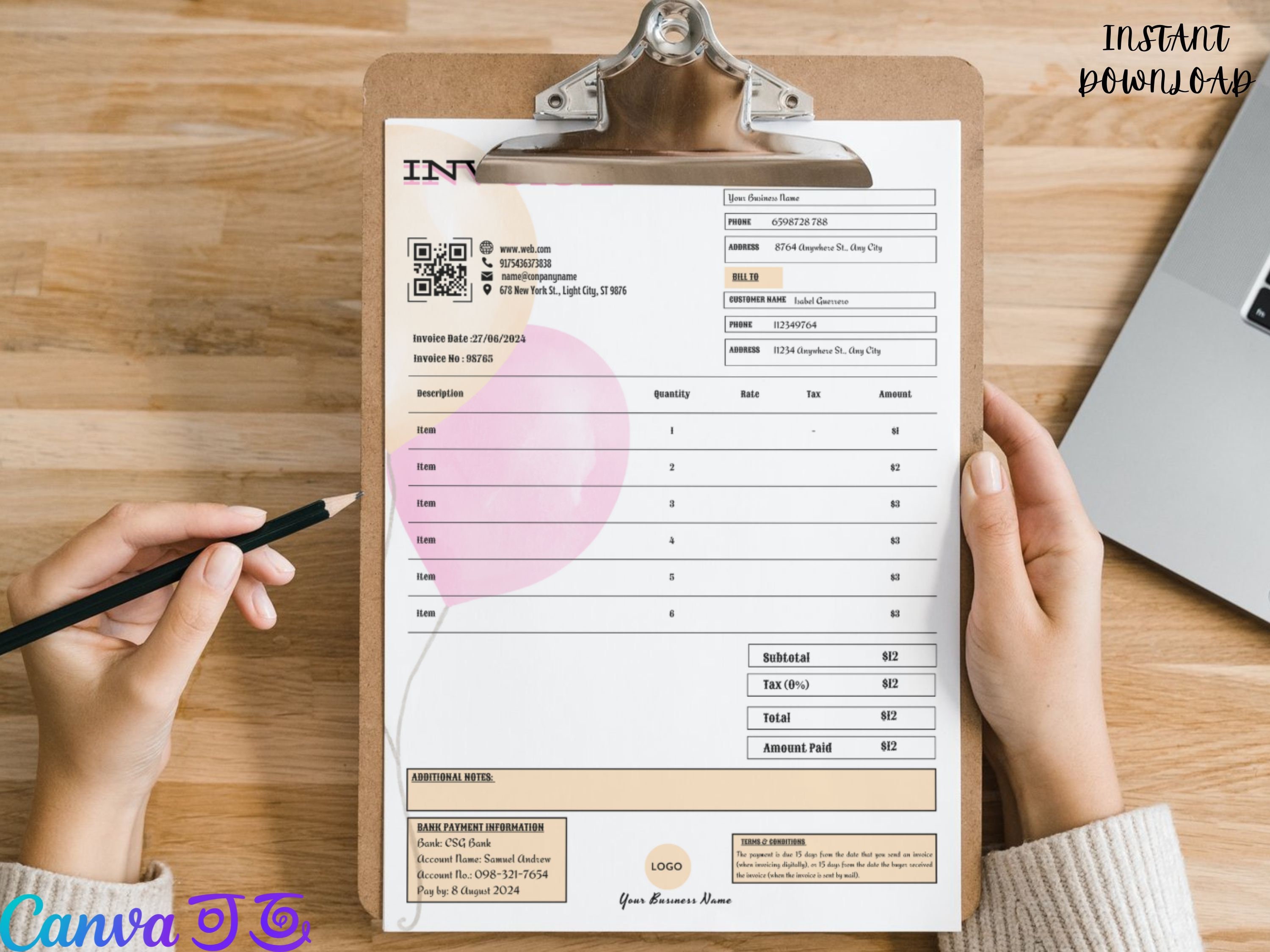 Editable Balloon Invoice Template Balloon Forms Balloon Business Custom ...