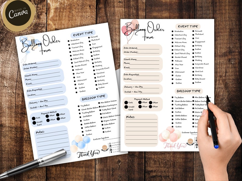 Editable Balloon Order Form Template 2 Different Color Balloon Order ...