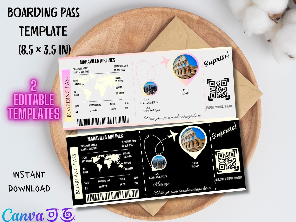 Editable Boarding Pass Template Canva Boarding Pass Surprise Trip ...