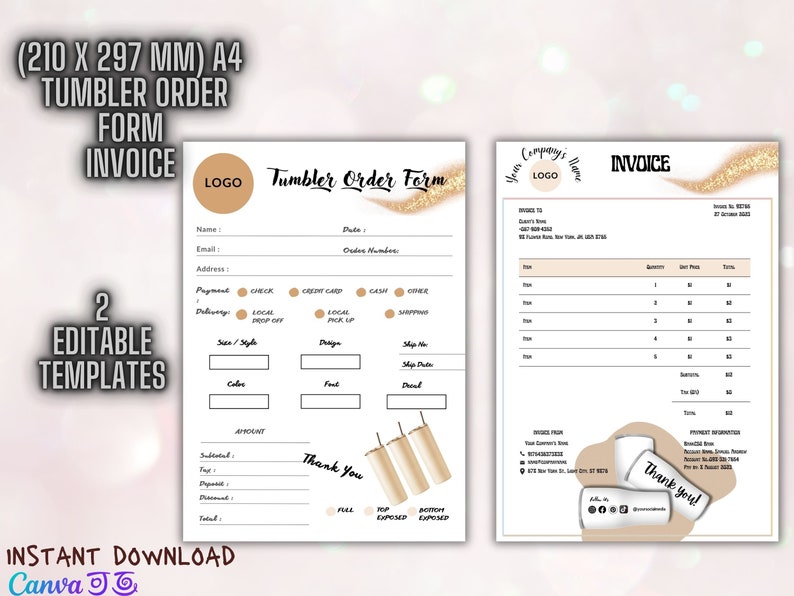 Editable Tumbler Order Form Tumbler Invoice Tumbler Business Cup Order ...