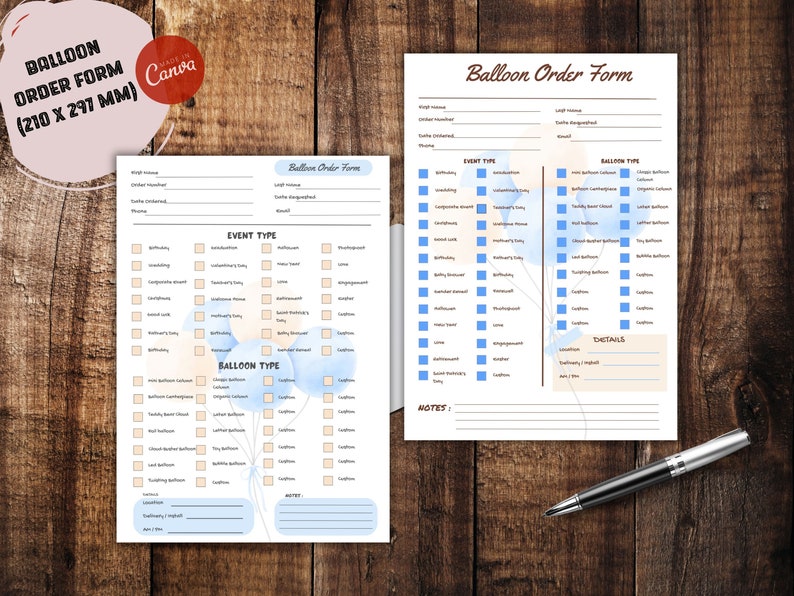 Editable Balloon Order Form Balloon Order Sheet Balloon Order Tracker ...