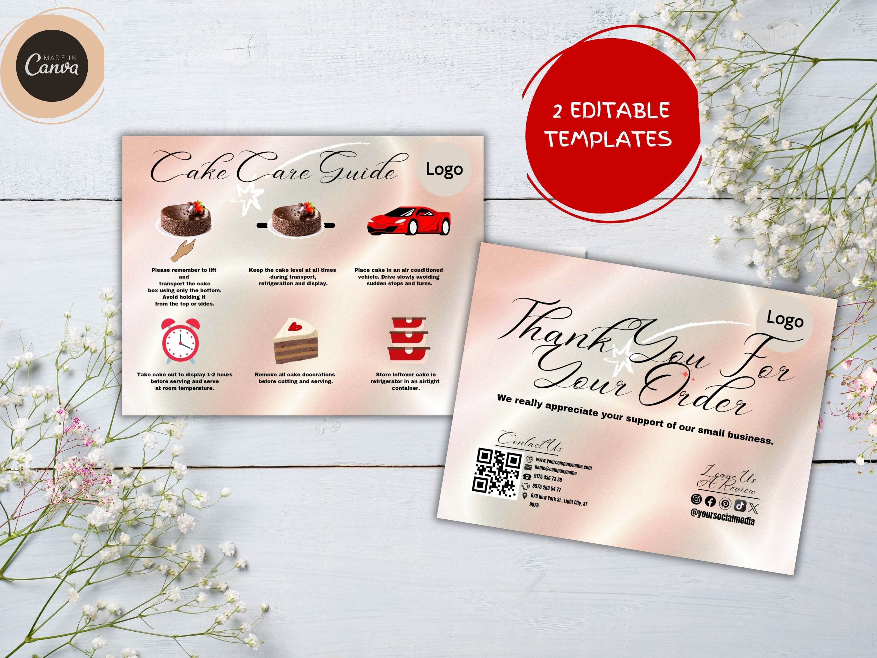 Editable Cake Care Card Template Cake Care Guide Thank You Card Bakery ...