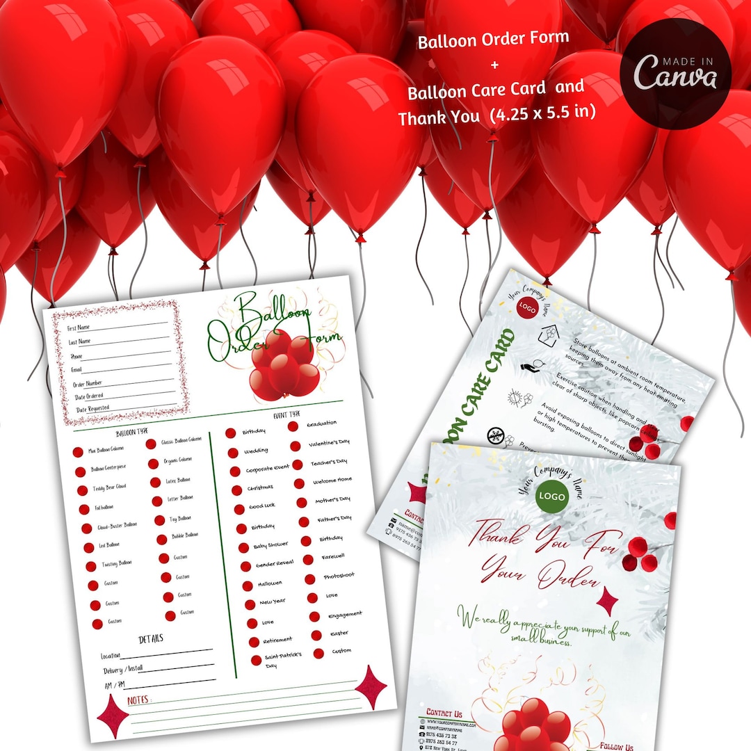 Balloon Order Form Balloon Care Card Balloon Thank You Card Balloon ...