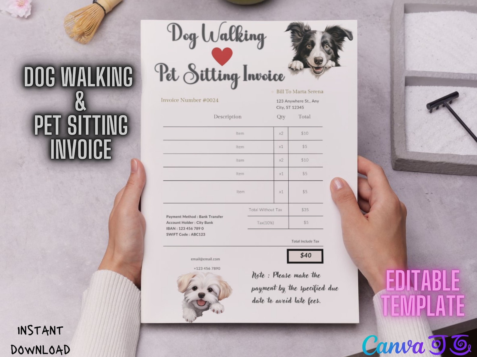 Pet Sitting Invoice Template for Dog Walking Pet Care Dog Grooming and ...