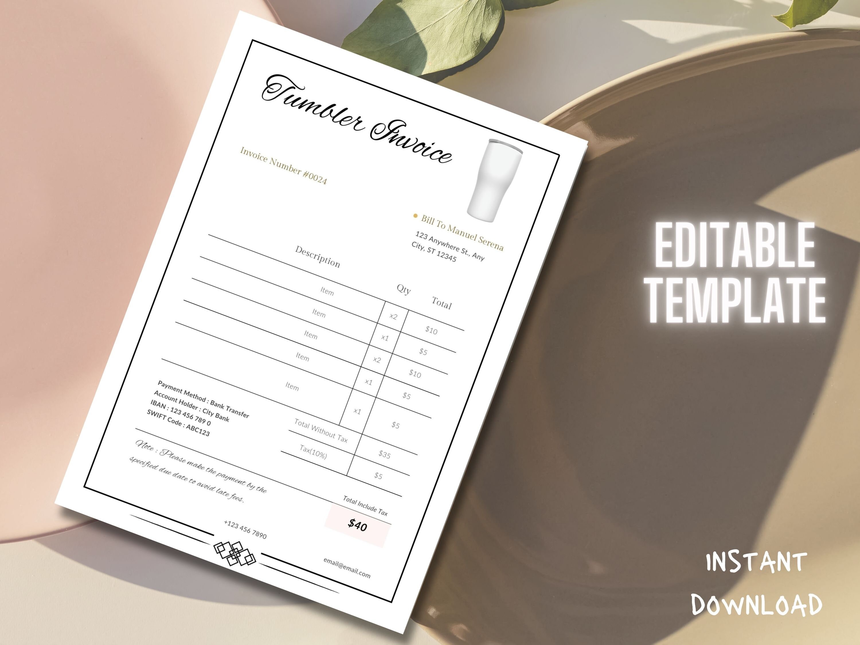 Printable Tumbler Invoice Template Editable Cup Invoice Sublimation ...