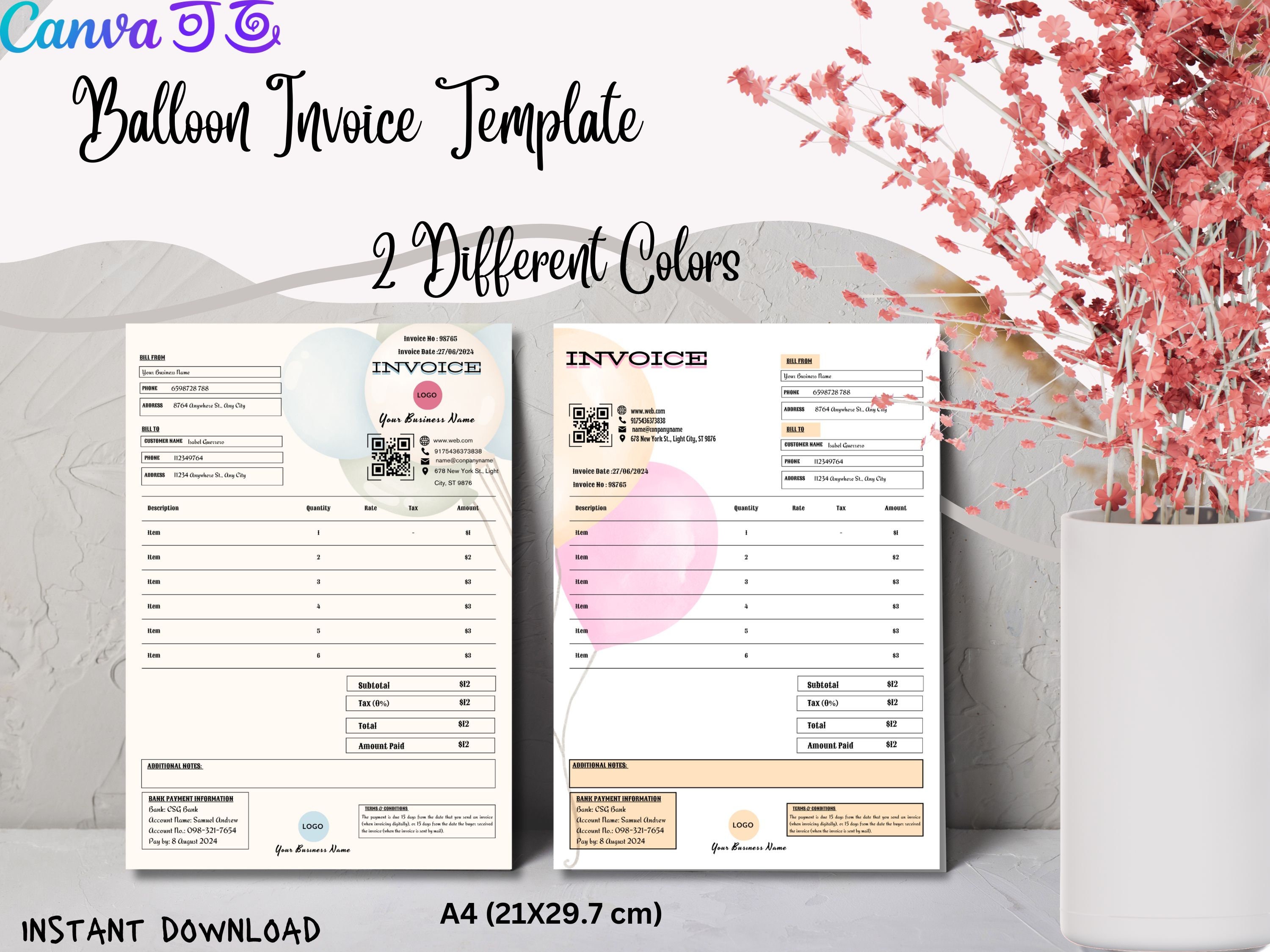 Editable Balloon Invoice Template Balloon Forms Balloon Business Custom ...