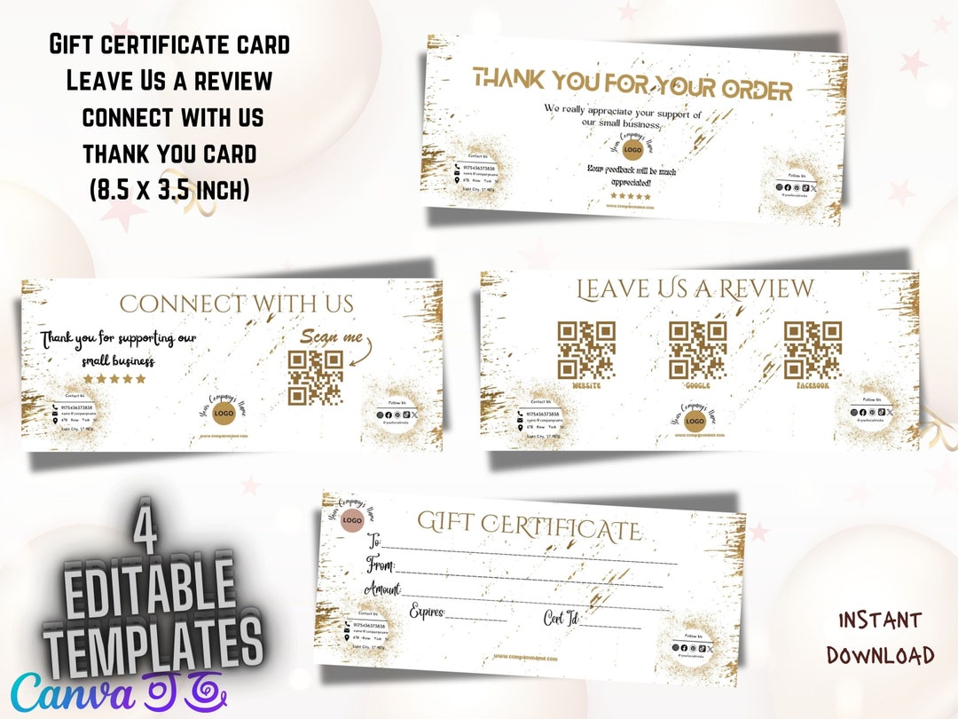 Gift Certificate Template Thank You Card Editable Gift Card DIY ...