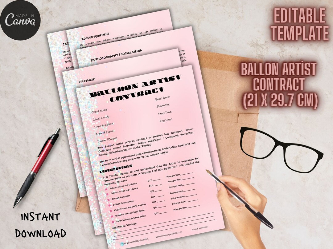 Editable Balloon Artist Contract Balloon Stylist Contract Editable ...