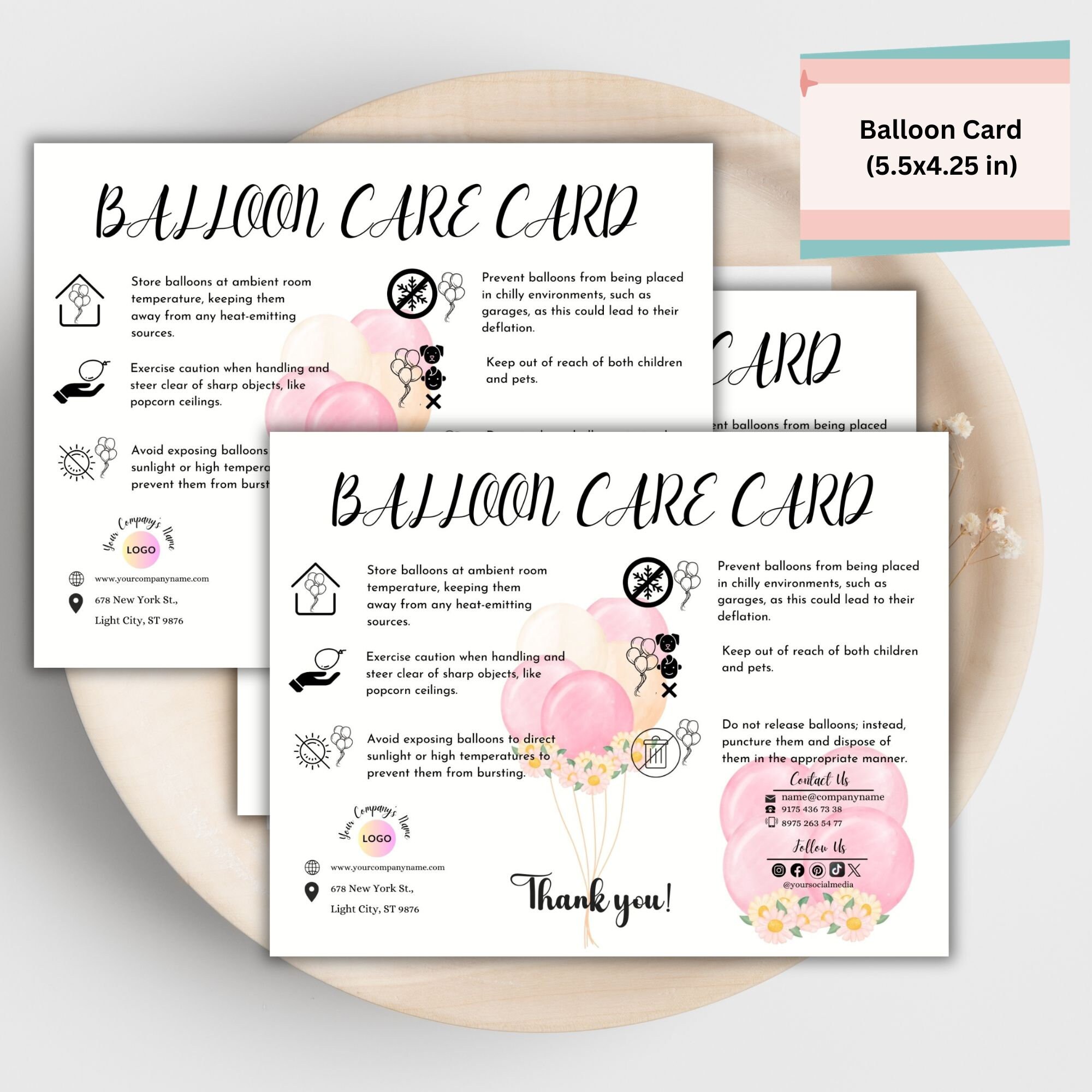Editable Ballooon Care Card Template 3 Different Sizes, Printable ...