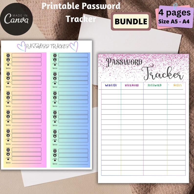 Editable Fillable Password Tracker BUNDLE, 4 Printable Password Log ...