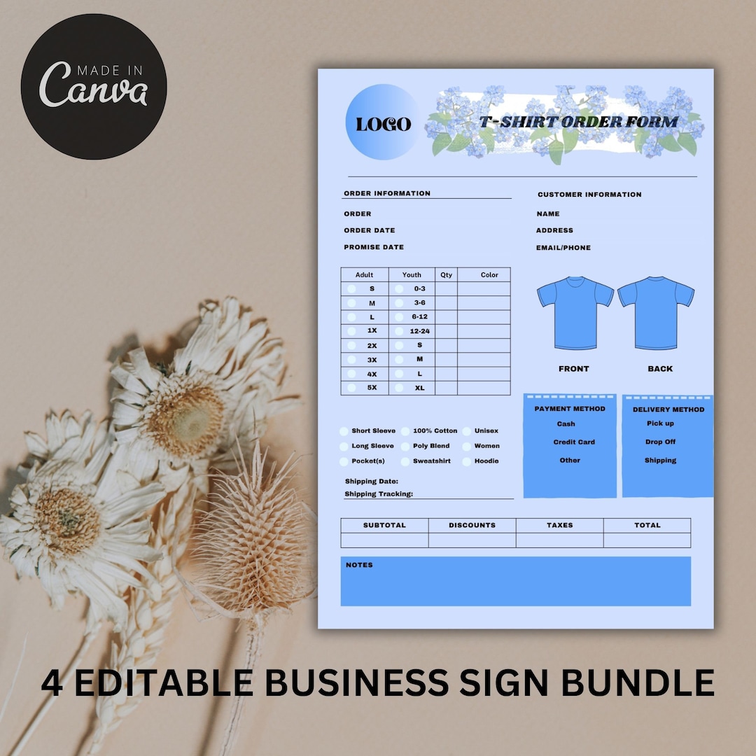 4 Order Form Bundle Editable Invoice Order Form Tshirt Order Form Small ...