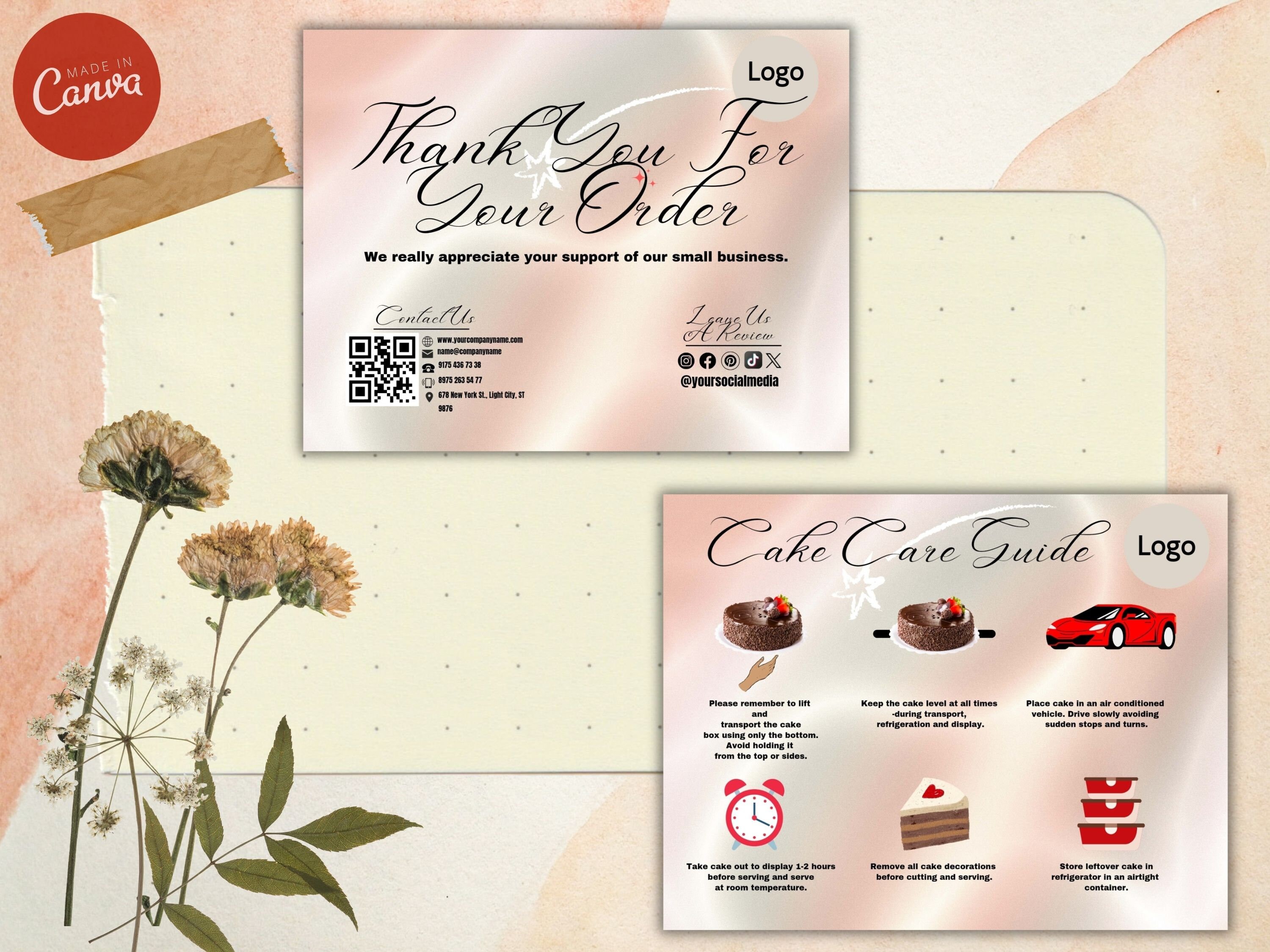 Editable Cake Care Card Template Cake Care Guide Thank You Card Bakery ...