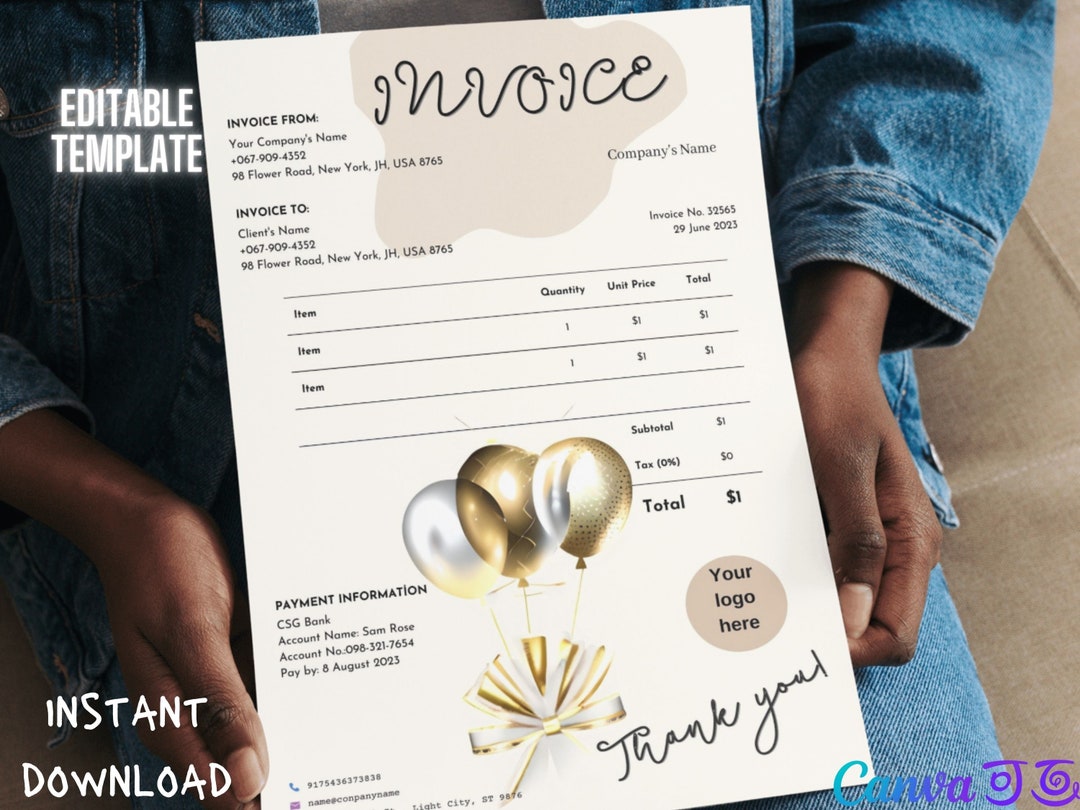 BALLOON INVOICE TEMPLATE Editable Word Balloon Garland Invoice Document ...