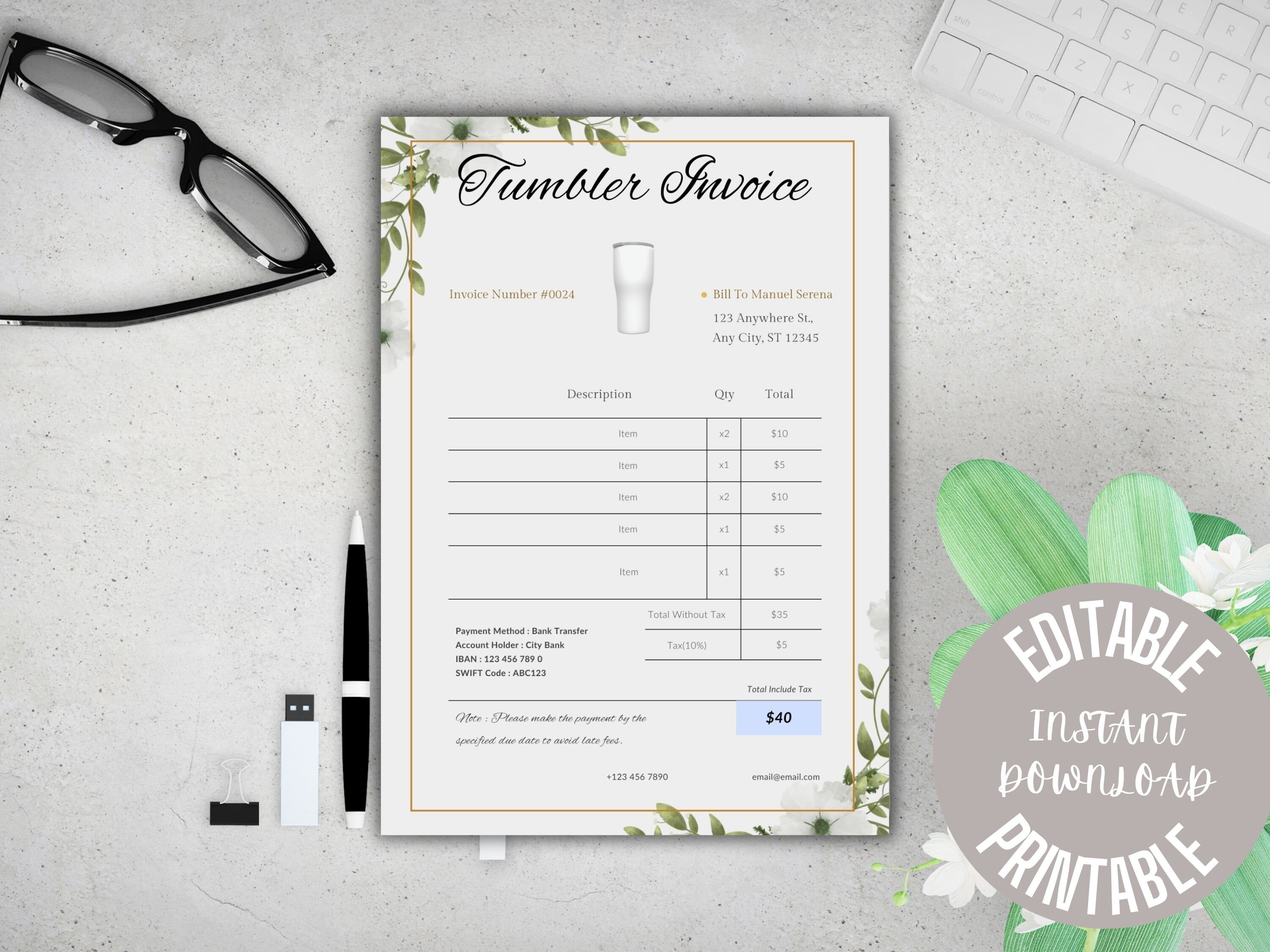 Printable Tumbler Invoice Editable Tumbler Invoice Template Custom ...