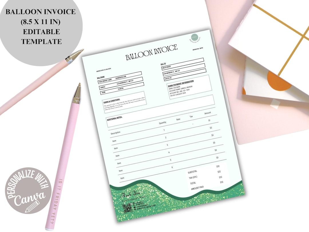 Balloon Business Invoice Template Editable PDF Custom Balloon Invoice ...