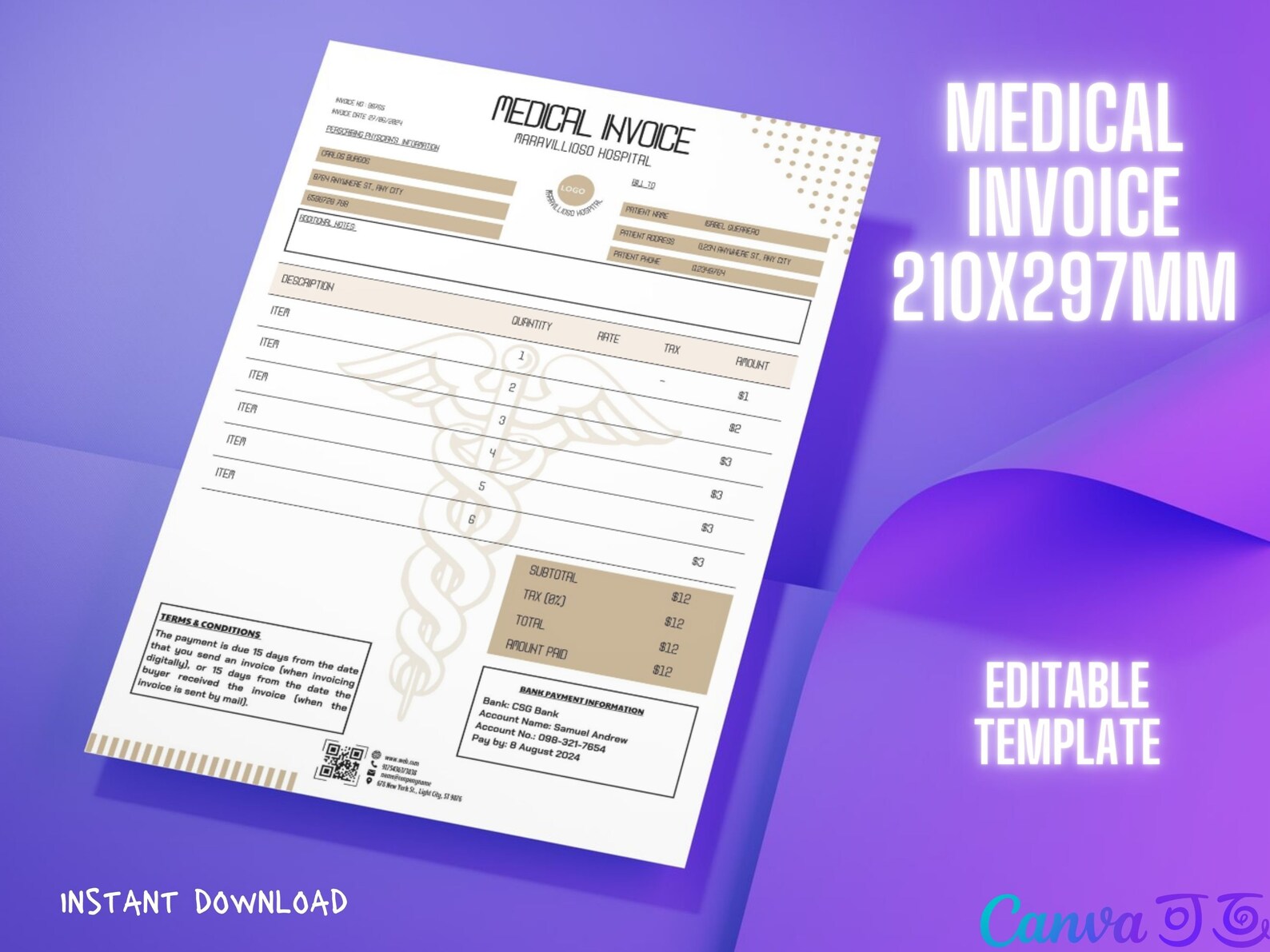 Printable Medical Invoice Doctor's Medical Bill Receipt Invoice PDF ...