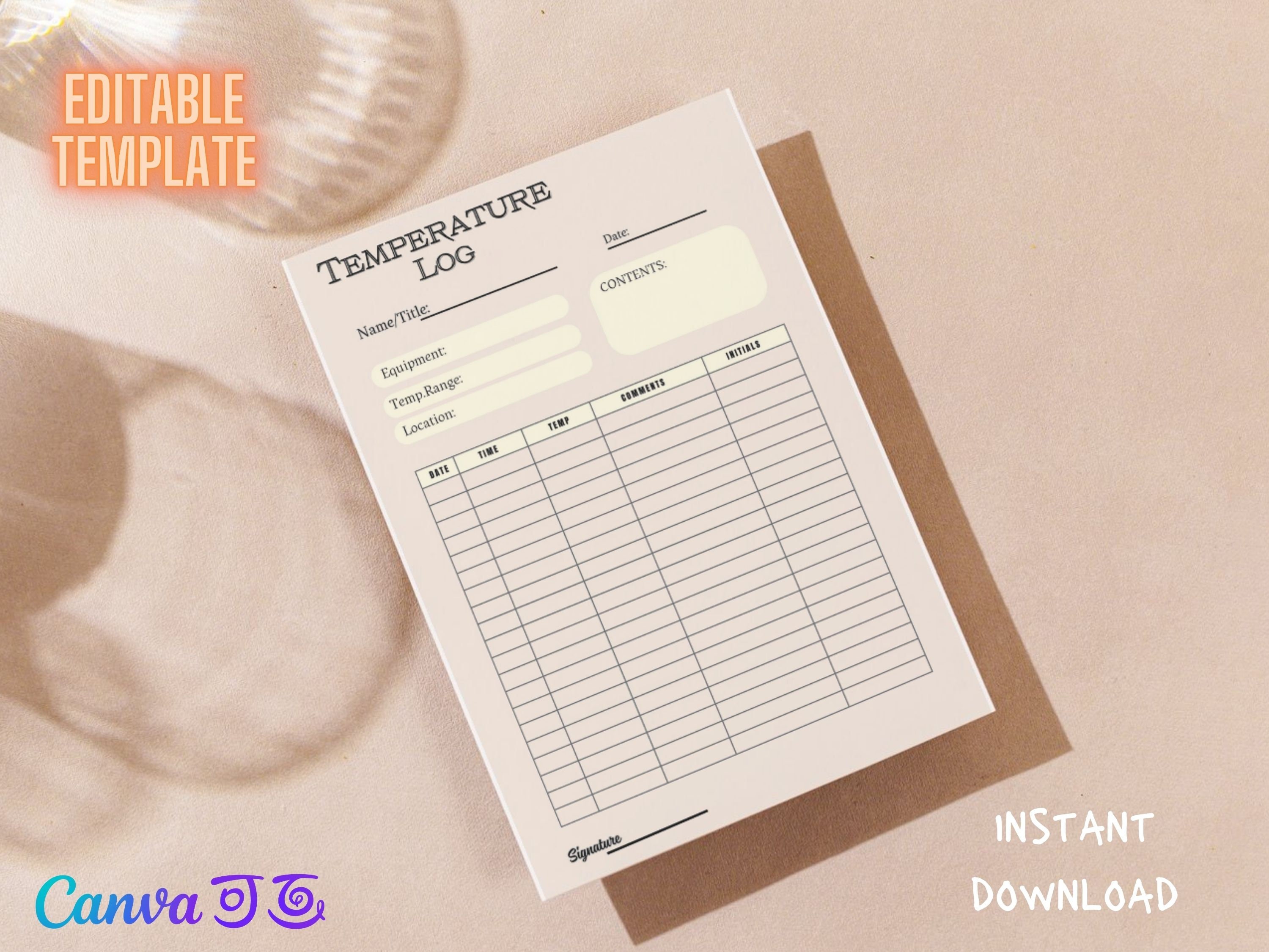 Temperature Log Printable Temperature Tracker Printable Editable Temp ...
