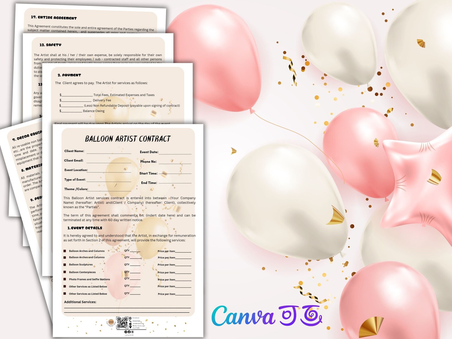 Editable Balloon Contract Printable Balloon Artist Contract Template ...