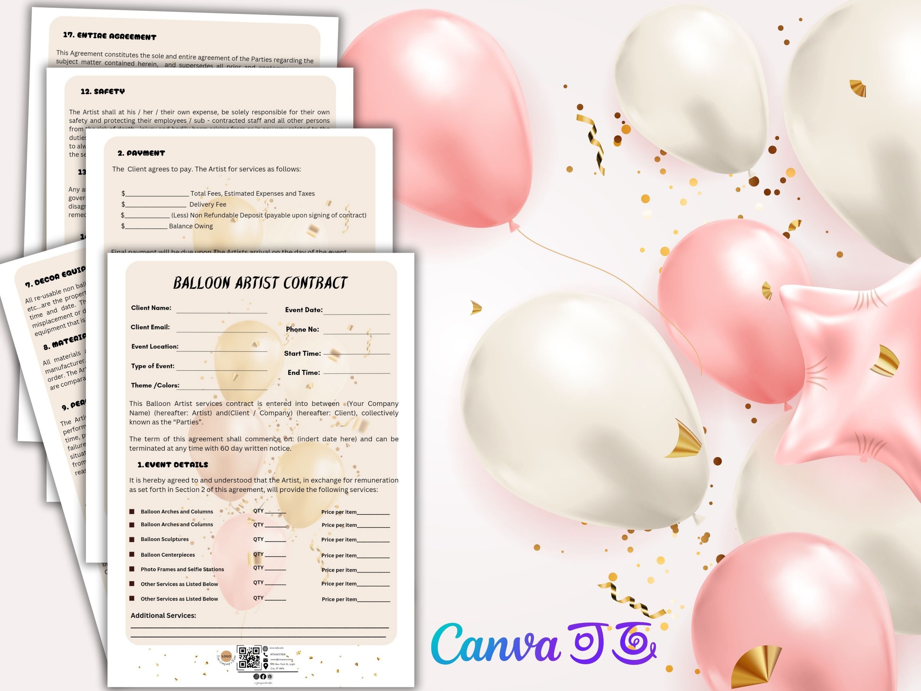 Editable Balloon Contract Printable Balloon Artist Contract Template ...