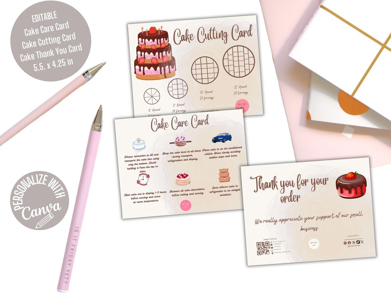 Cake Care Cards Bundle, Editable Cake Cutting Guide Cards, Printable ...