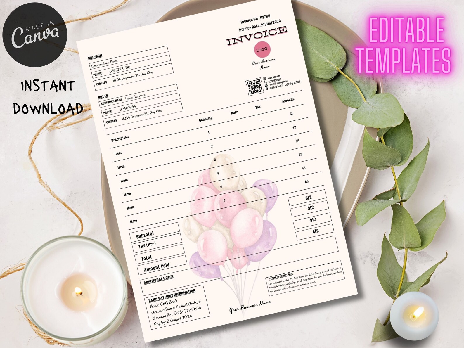 Editable Balloon Invoice Template Balloon Business Forms Balloon ...