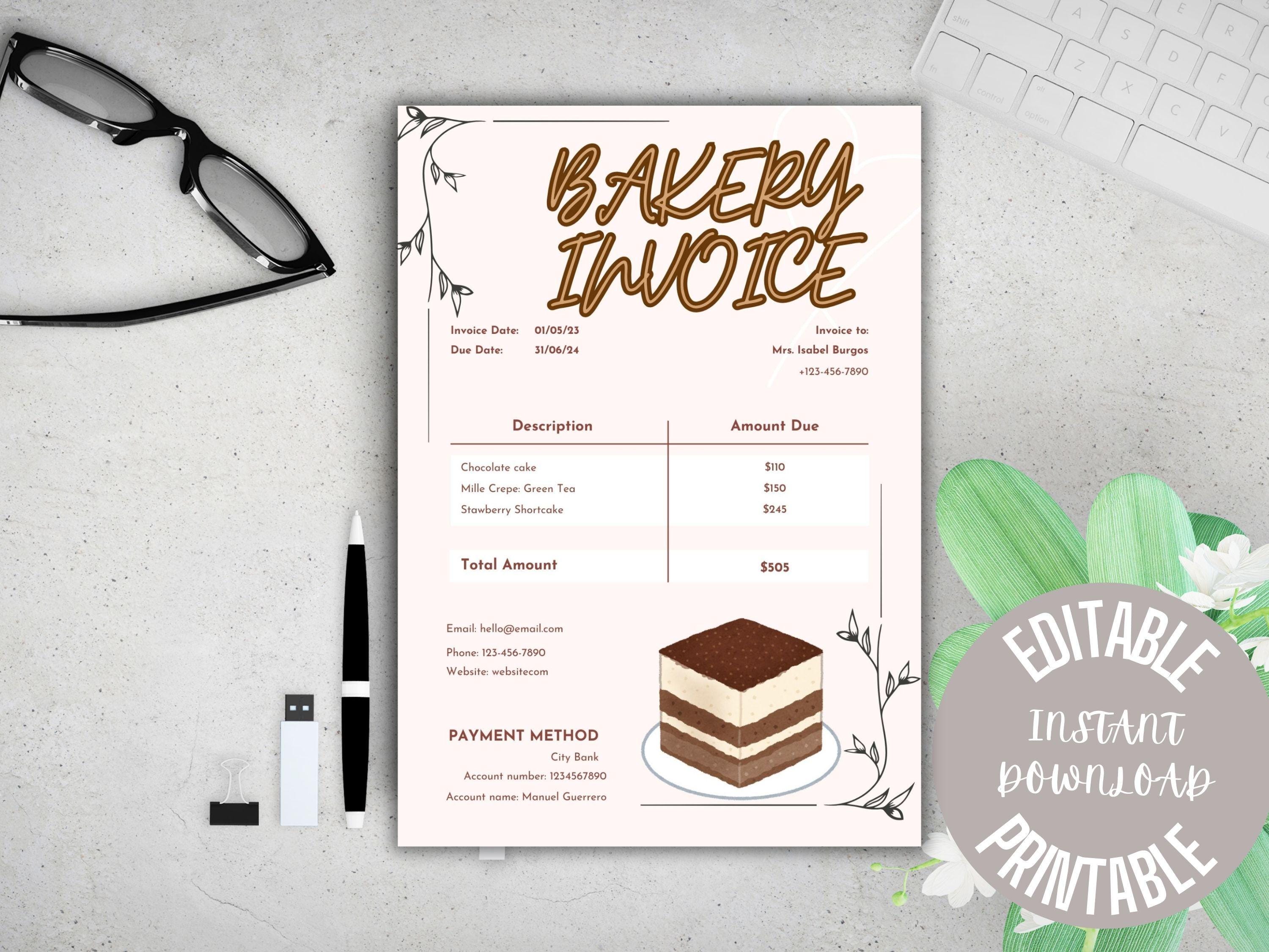 BAKERY INVOICE TEMPLATE, Editable Invoice Template for Small Business ...
