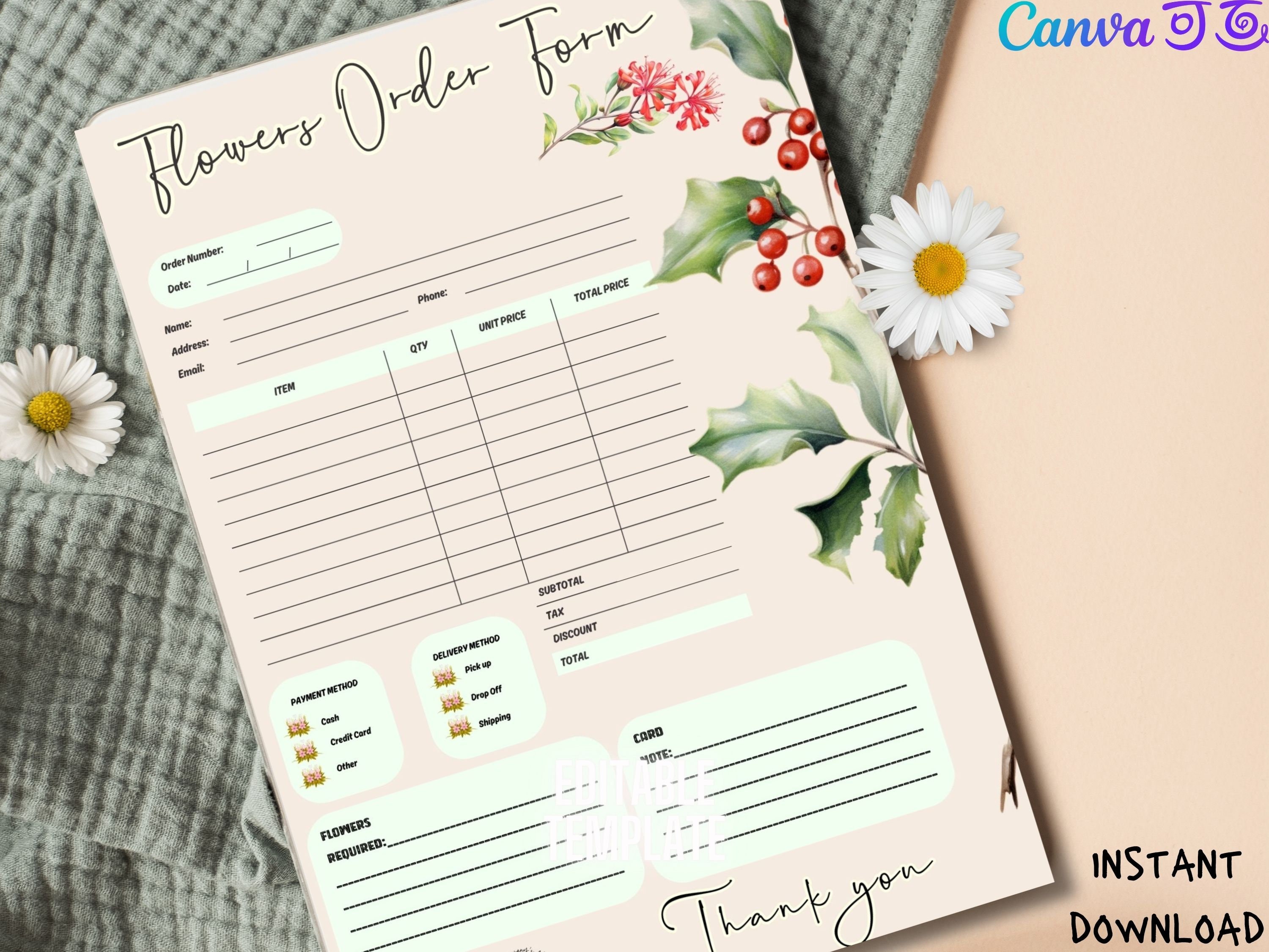 EDITABLE FLORIST ORDER Form Wedding Flowers Printable Flowers Order ...